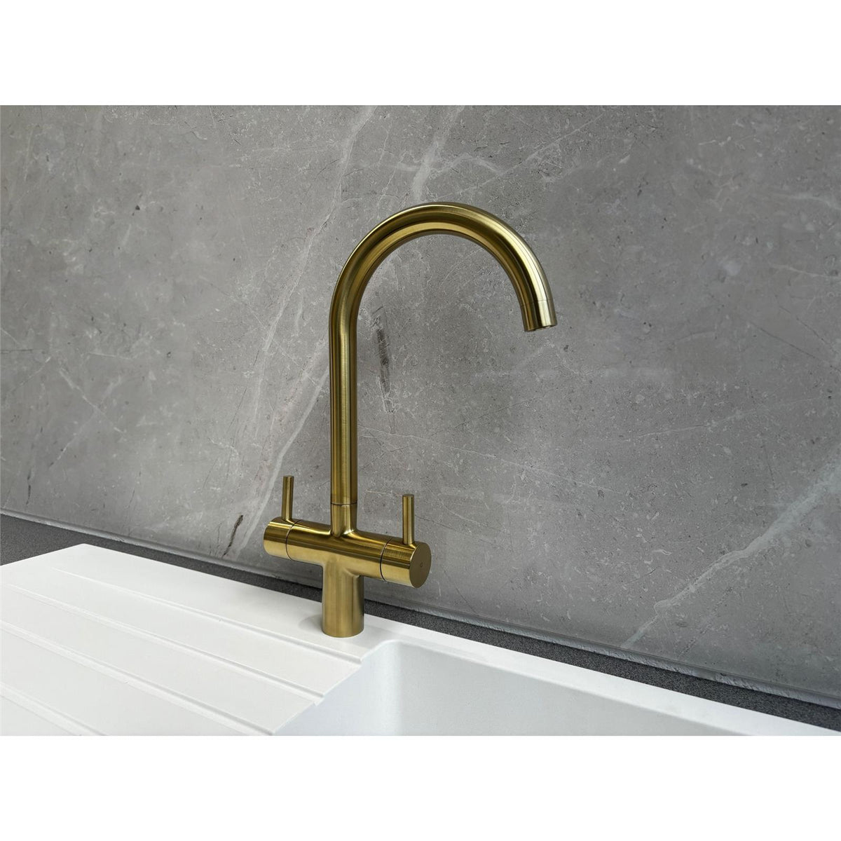 Liquida W03BG Monobloc Swan Neck Twin Lever Brushed Gold Kitchen Mixer